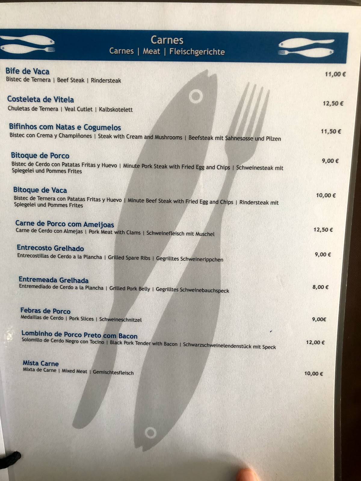 Carta del restaurante Os Manos, Faro