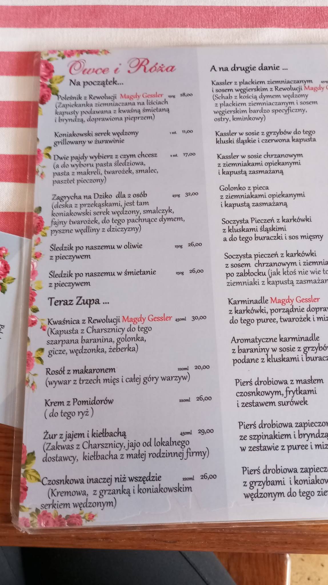 Menu at Owce i Róża restaurant, Brenna, Górecka 5
