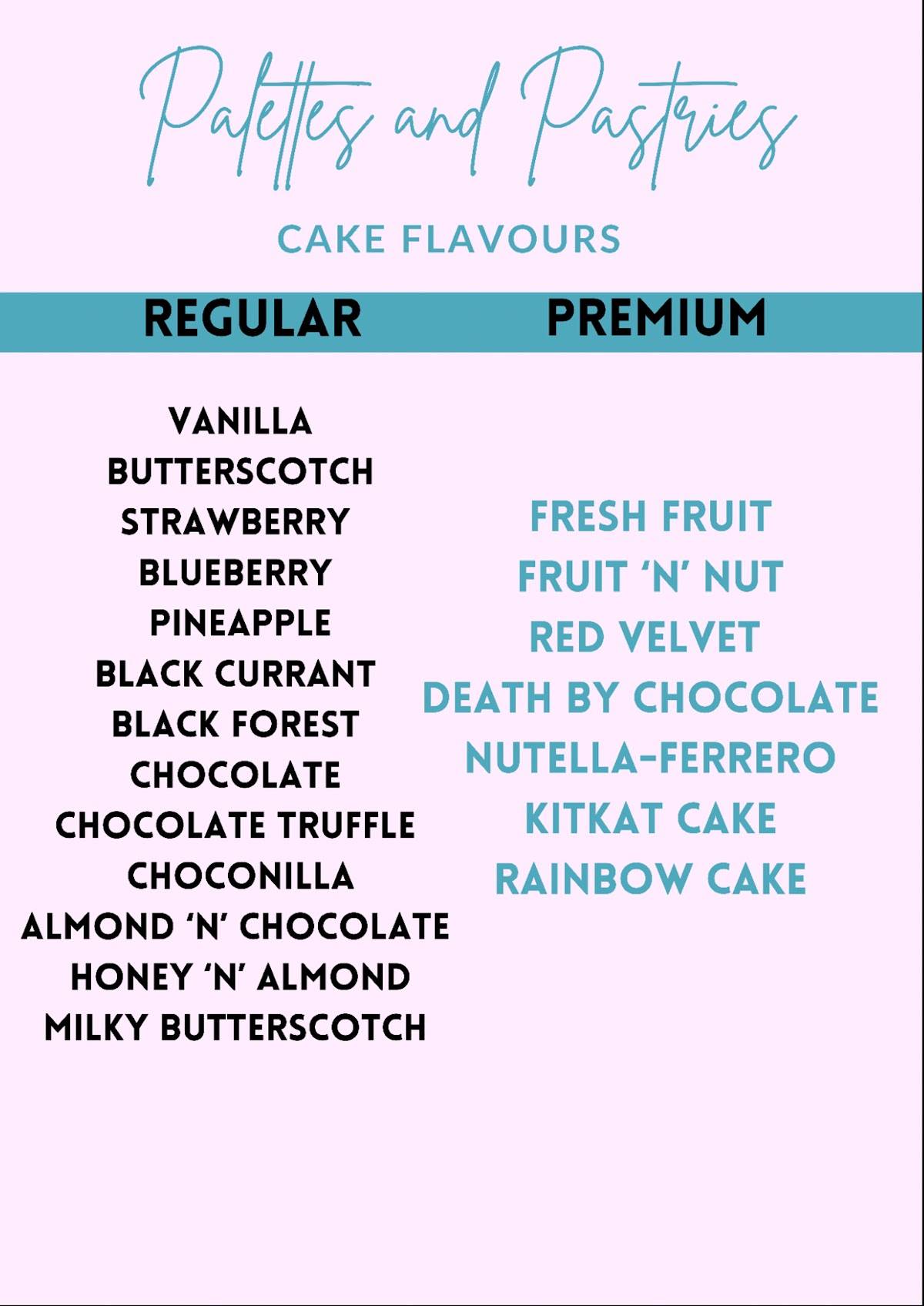 Menu at Palettes and Pastries, Kakinada
