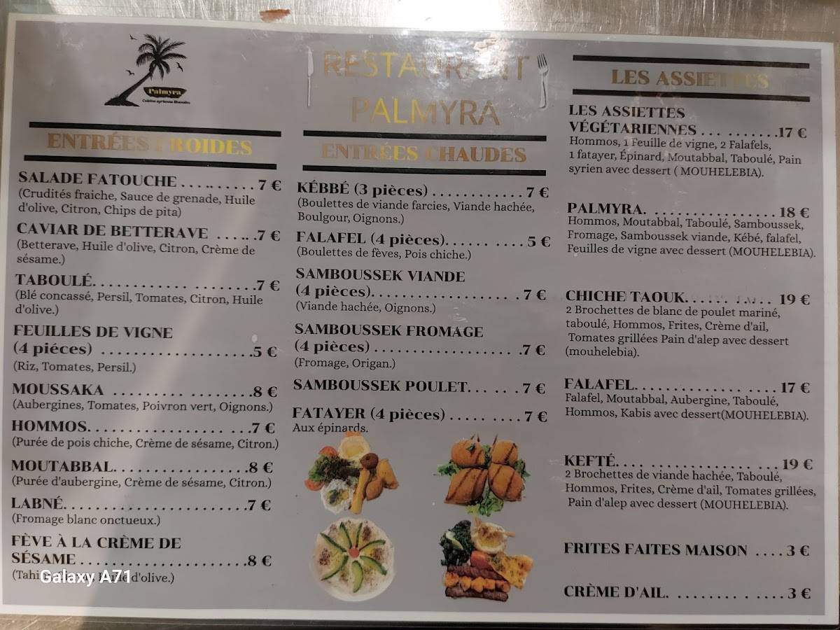Menu at Palmyra Restaurant, Le Havre