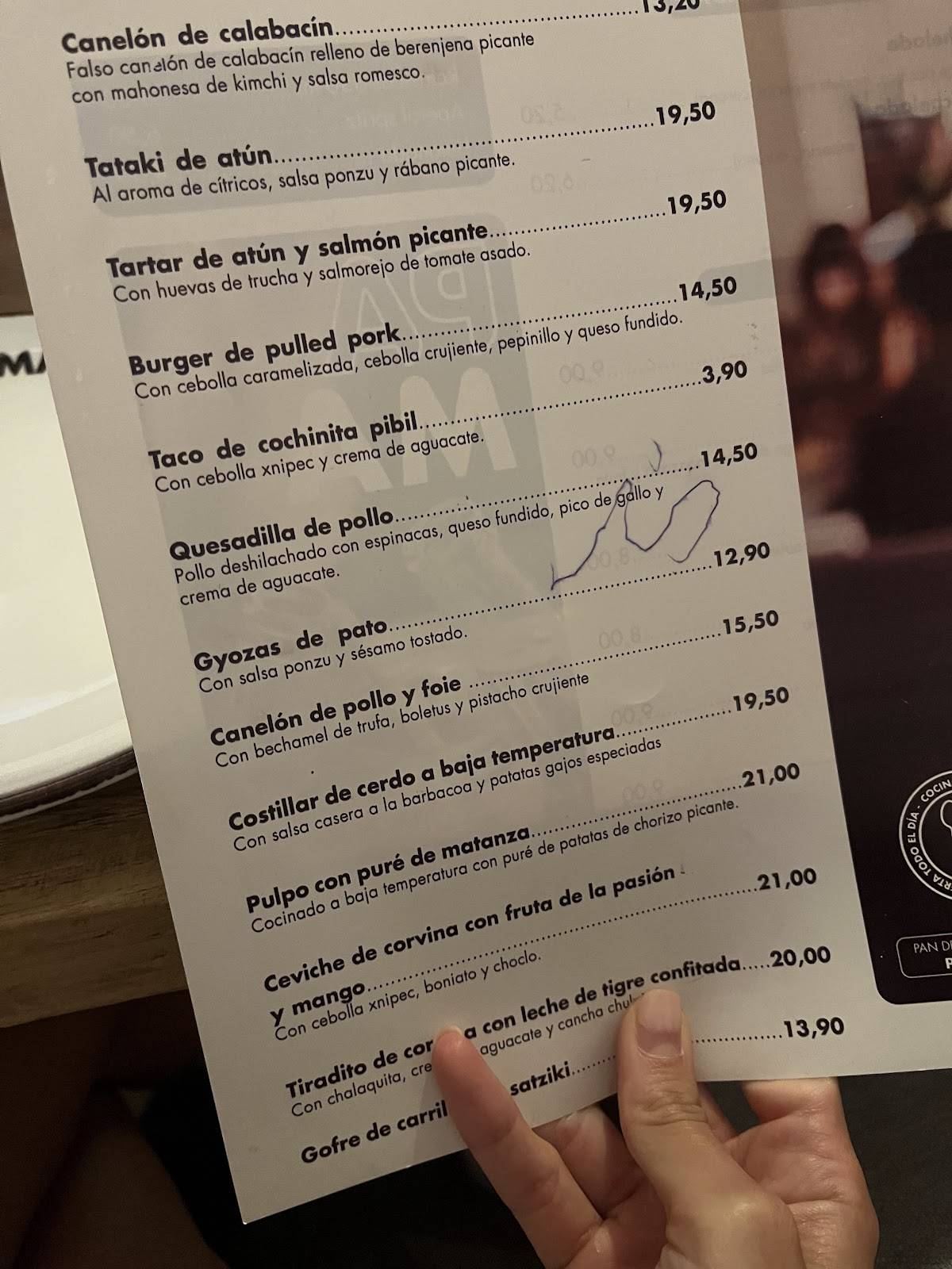 Carta del restaurante Pama, Madrid