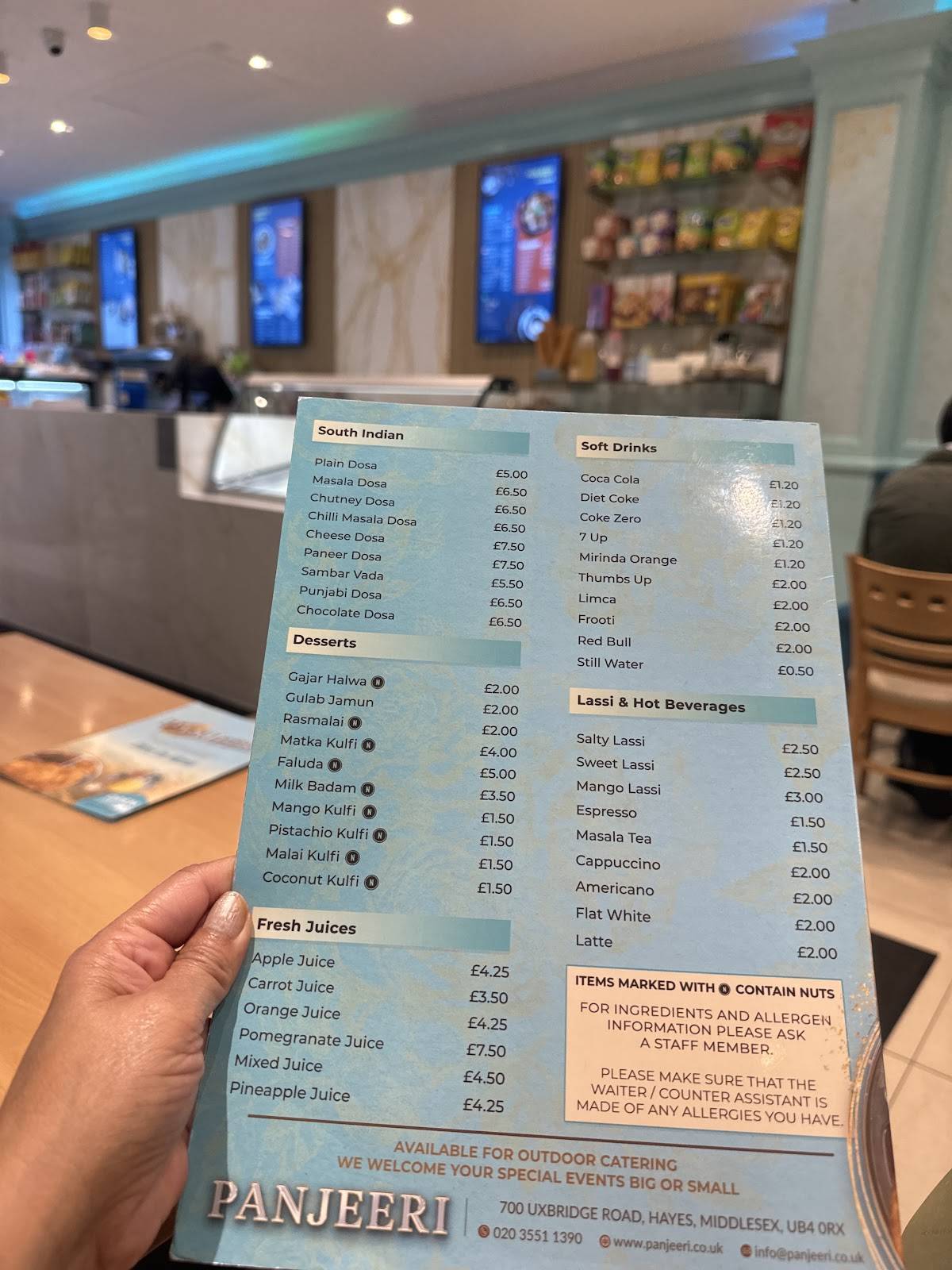 Menu at Panjeeri restaurant, Hayes