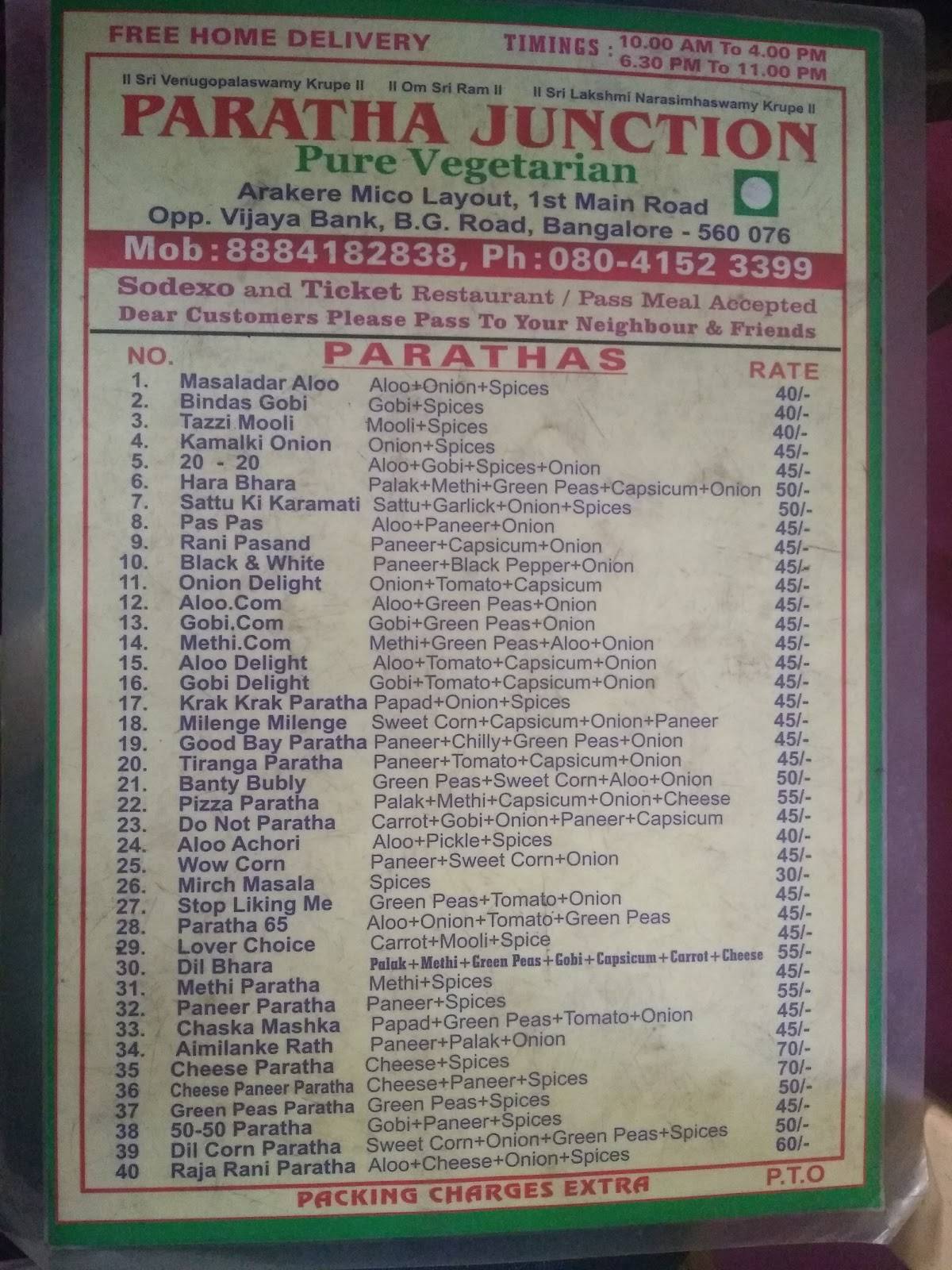 Menu at Paratha Junction, Bengaluru, Govind Reddy Layout Road