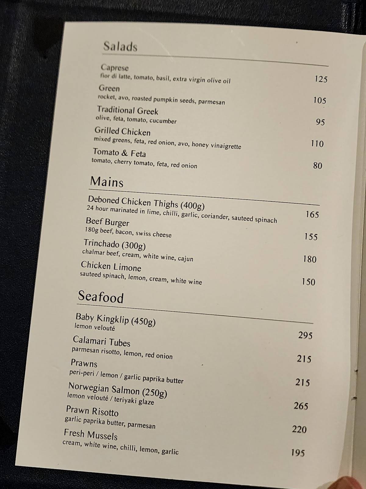 Menu at Patina Steak @ D'Aria restaurant, Cape Town