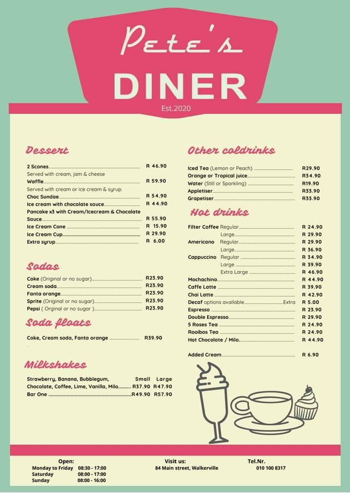 Menu at Pete's Diner restaurant, Walkerville