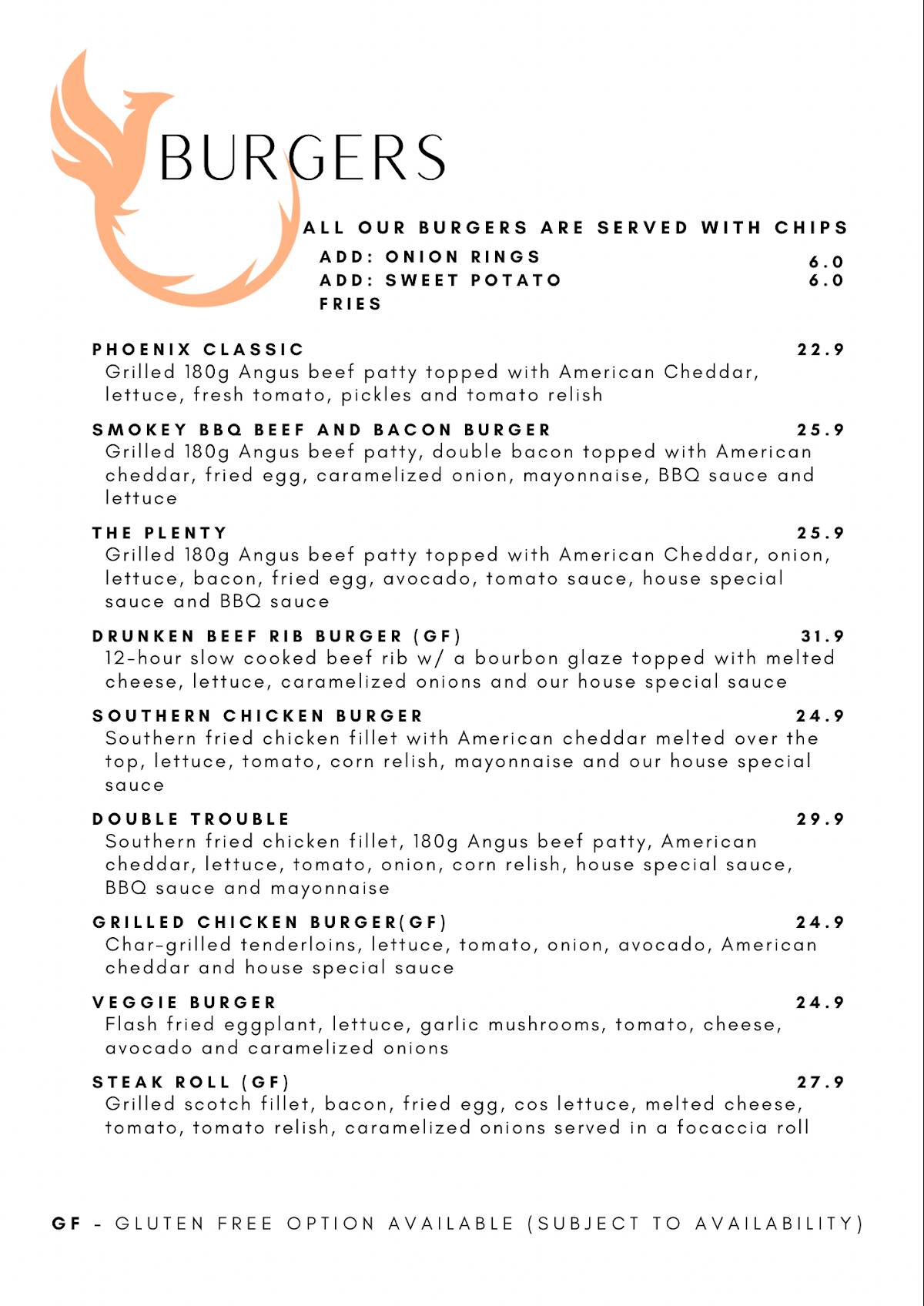 Menu at Phoenix and Co restaurant, Plenty