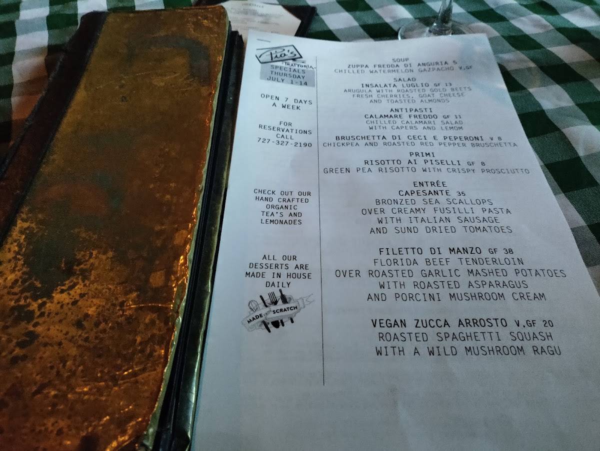 Menu at Pia's Trattoria restaurant, Gulfport