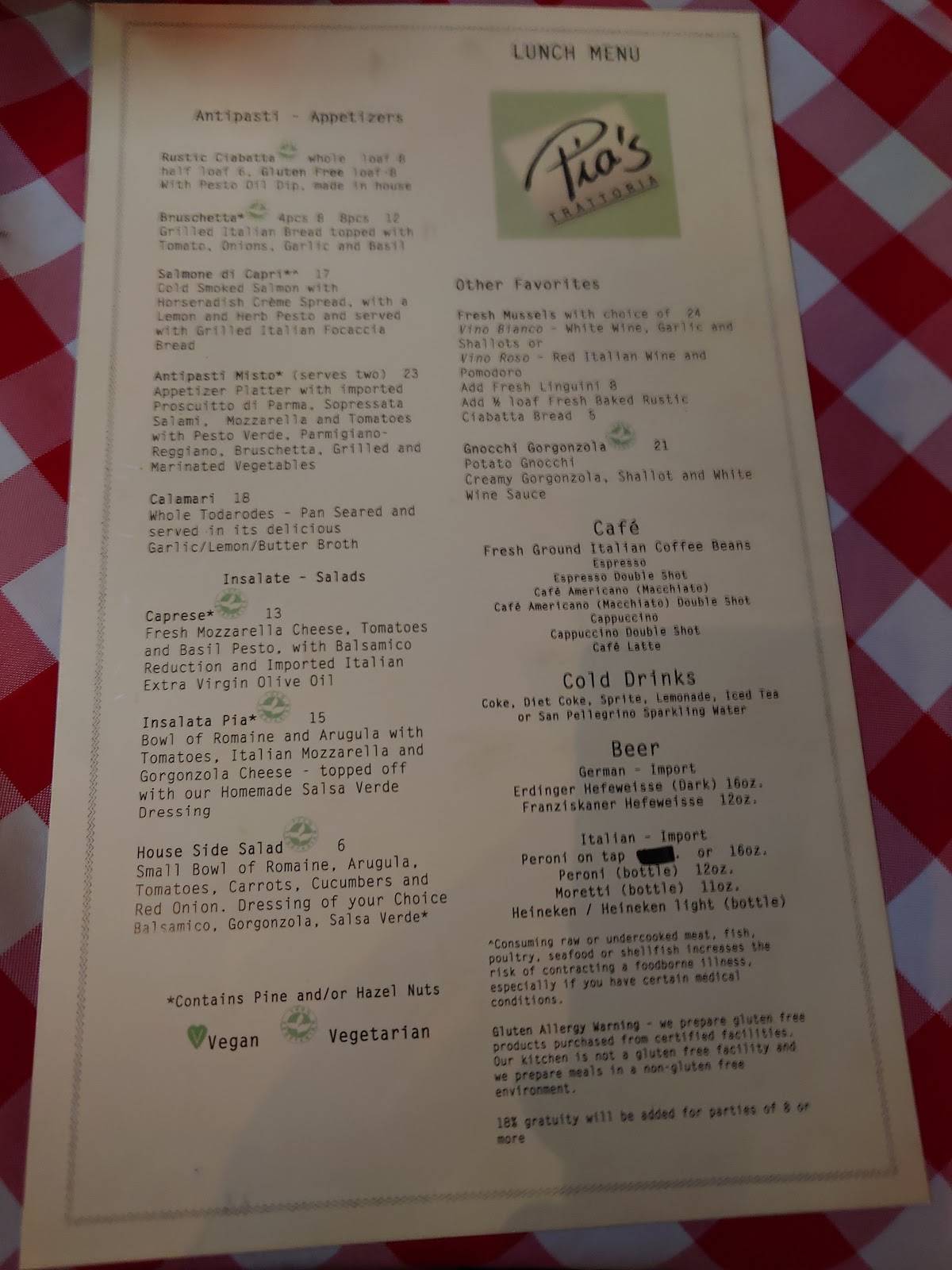 Menu at Pia's Trattoria restaurant, Gulfport