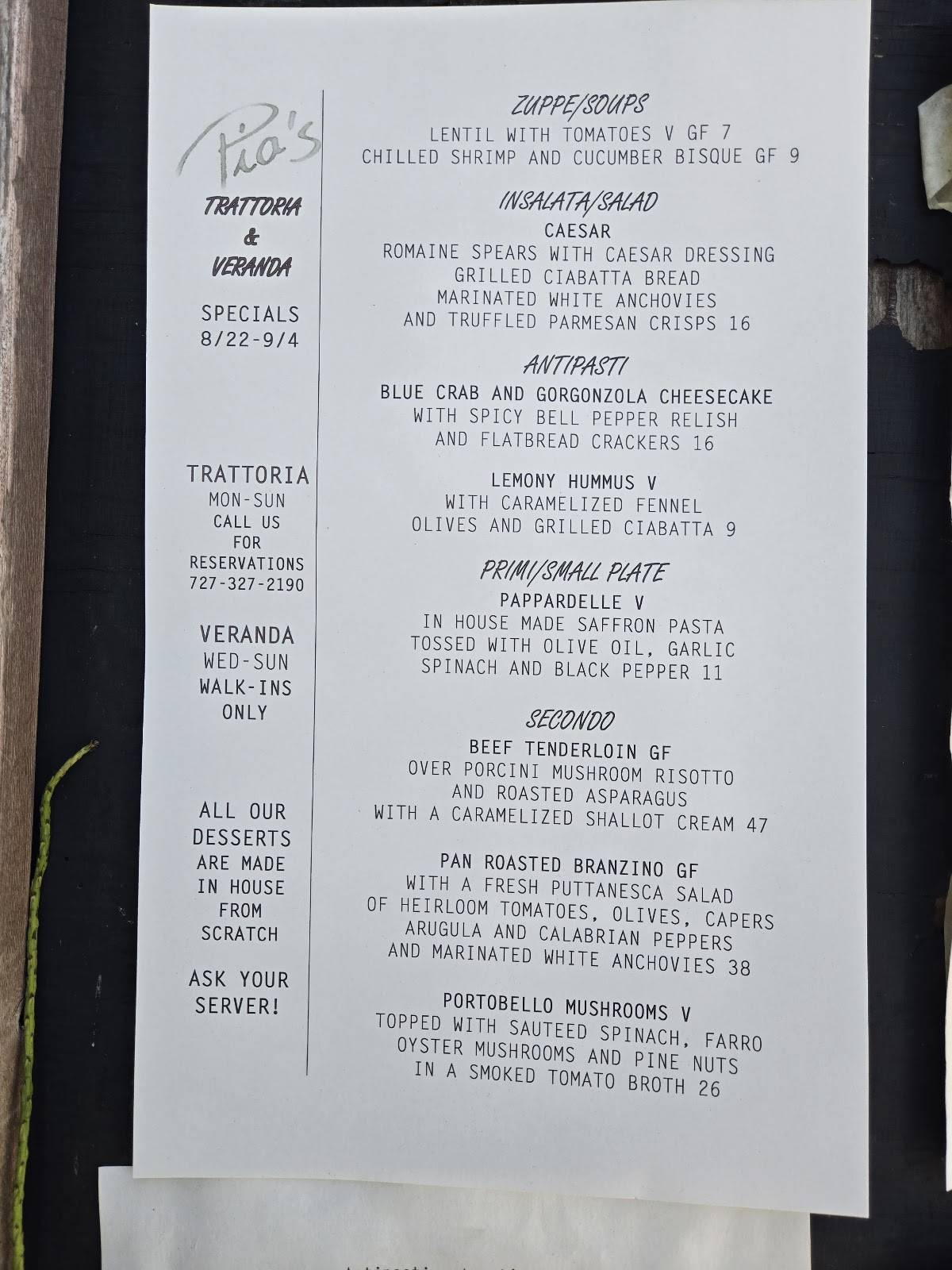 Menu at Pia's Trattoria restaurant, Gulfport