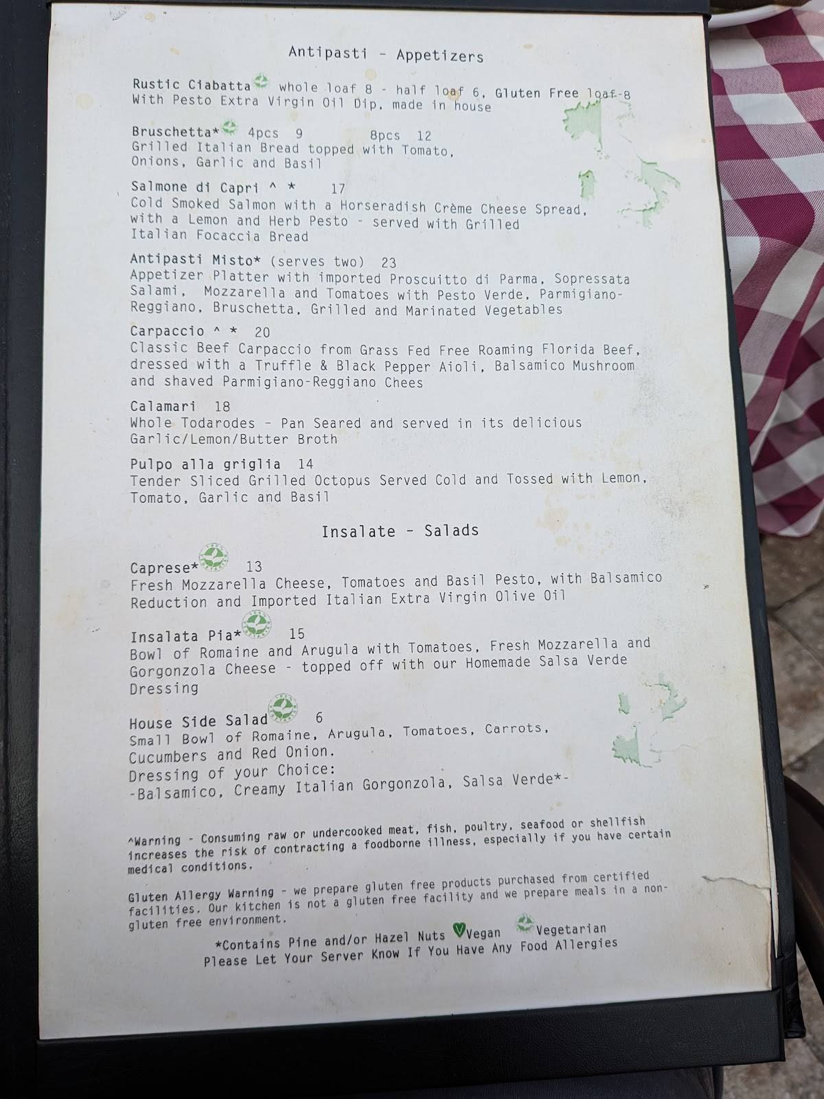 Menu at Pia's Trattoria restaurant, Gulfport