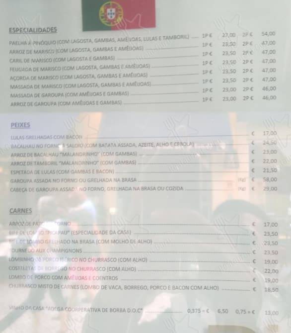 Menu at Pinóquio restaurant, Lisbon, Praça dos Restauradores 79 80