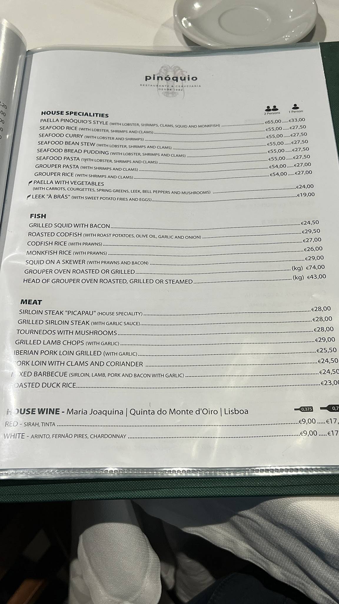 Menu at Pinóquio restaurant, Lisbon, Praça dos Restauradores 79 80