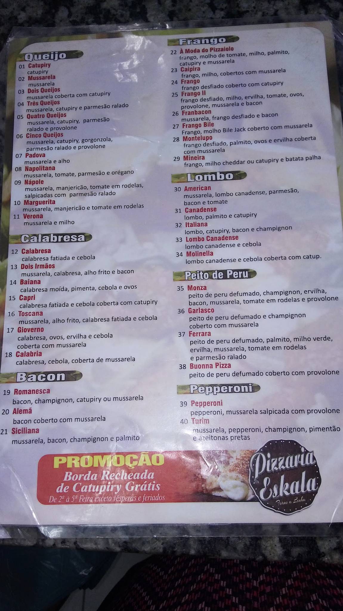 Menu em Pizzaria Eskala, Caieiras
