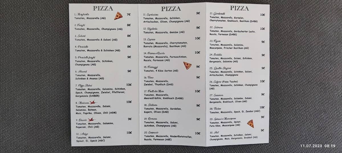 Speisekarte von Pizzeria Casanova, Fulpmes
