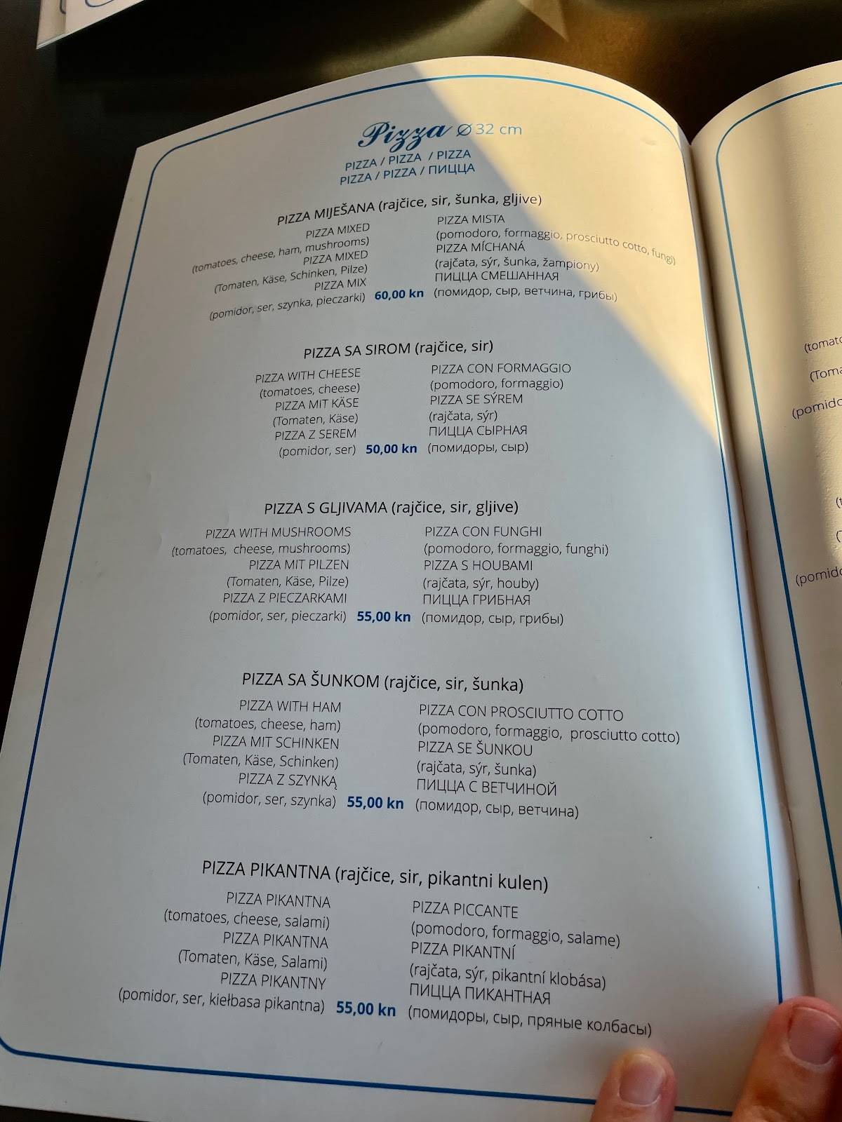 Menu at Gajeta restaurant, Duće