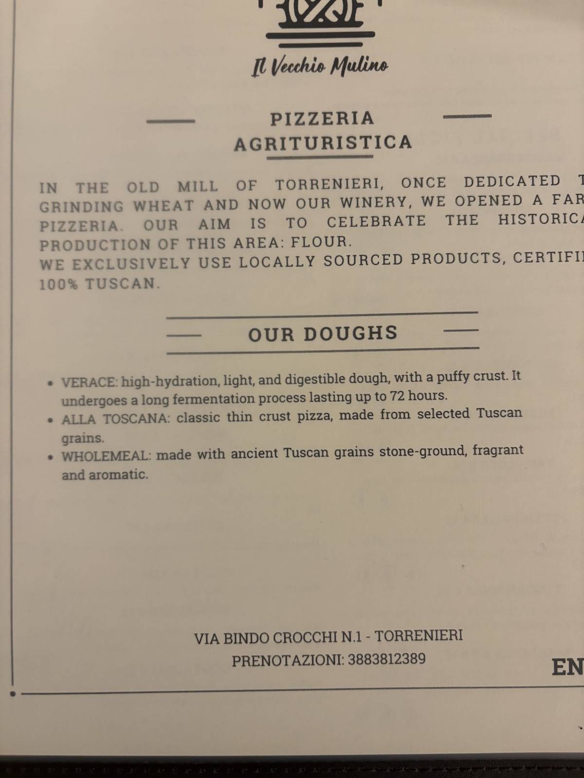 Menu da Pizzeria il Vecchio Mulino, Torrenieri
