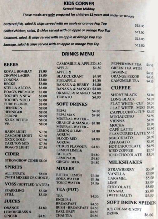 Menu at Point of View restaurant, Wellington Point