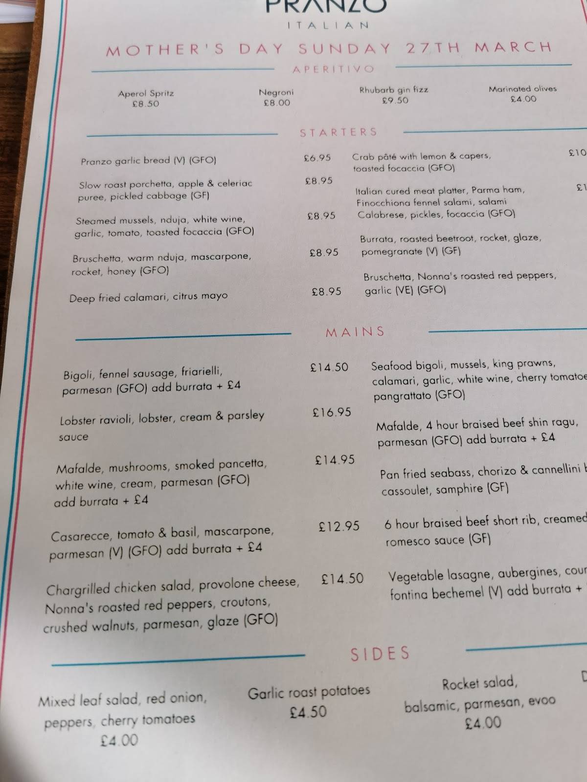 Menu at Pranzo Italian Harrogate restaurant, Harrogate