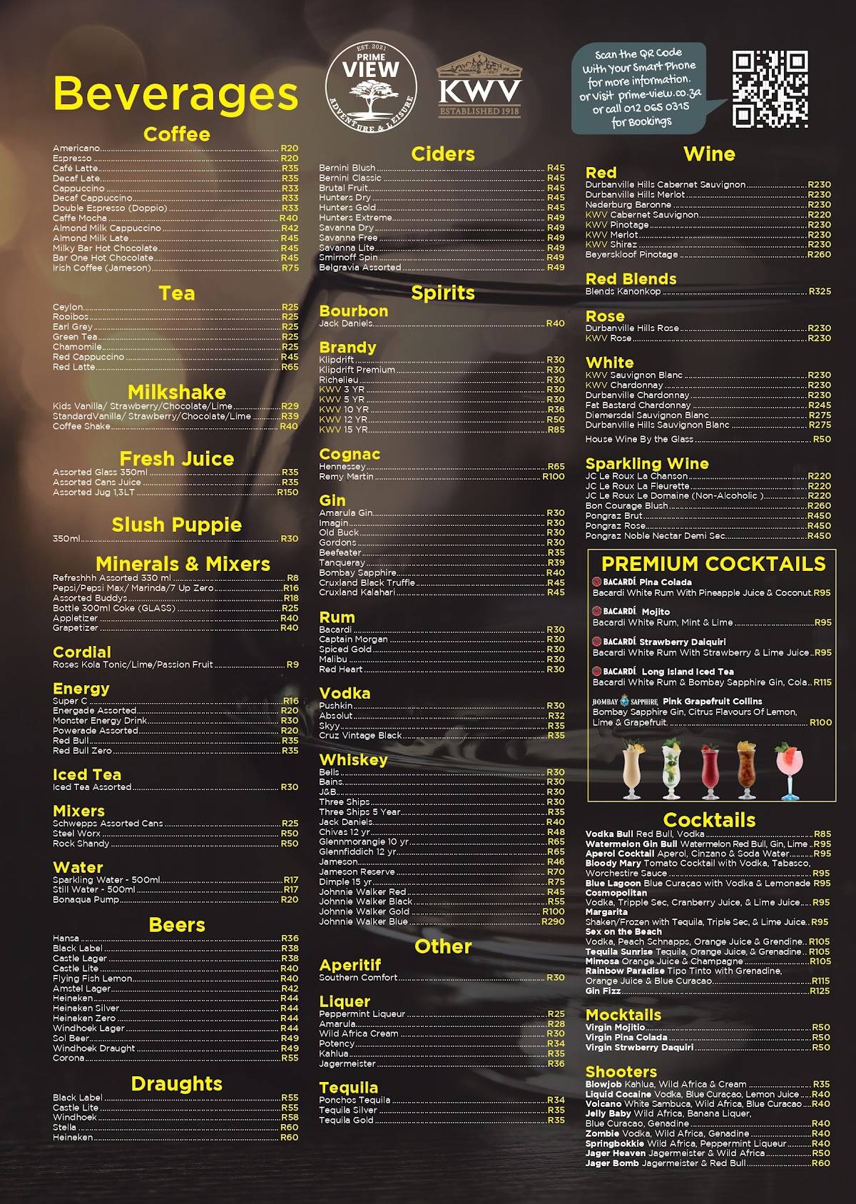 Menu at Prime View Adventure & Leisure restaurant, Olifantsfontein