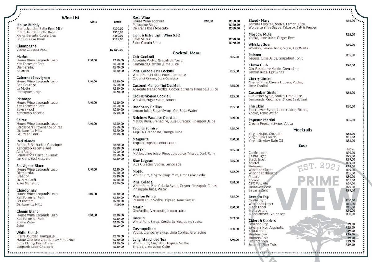 Menu at Prime View Adventure & Leisure restaurant, Olifantsfontein