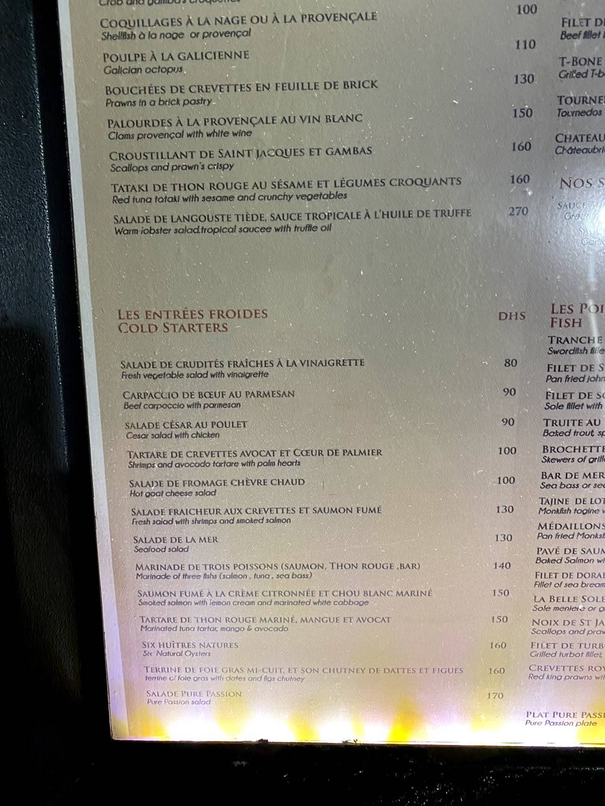 Menu au Pure Passion restaurant, Agadir, Résidence N°02 m1 Complexe Marina