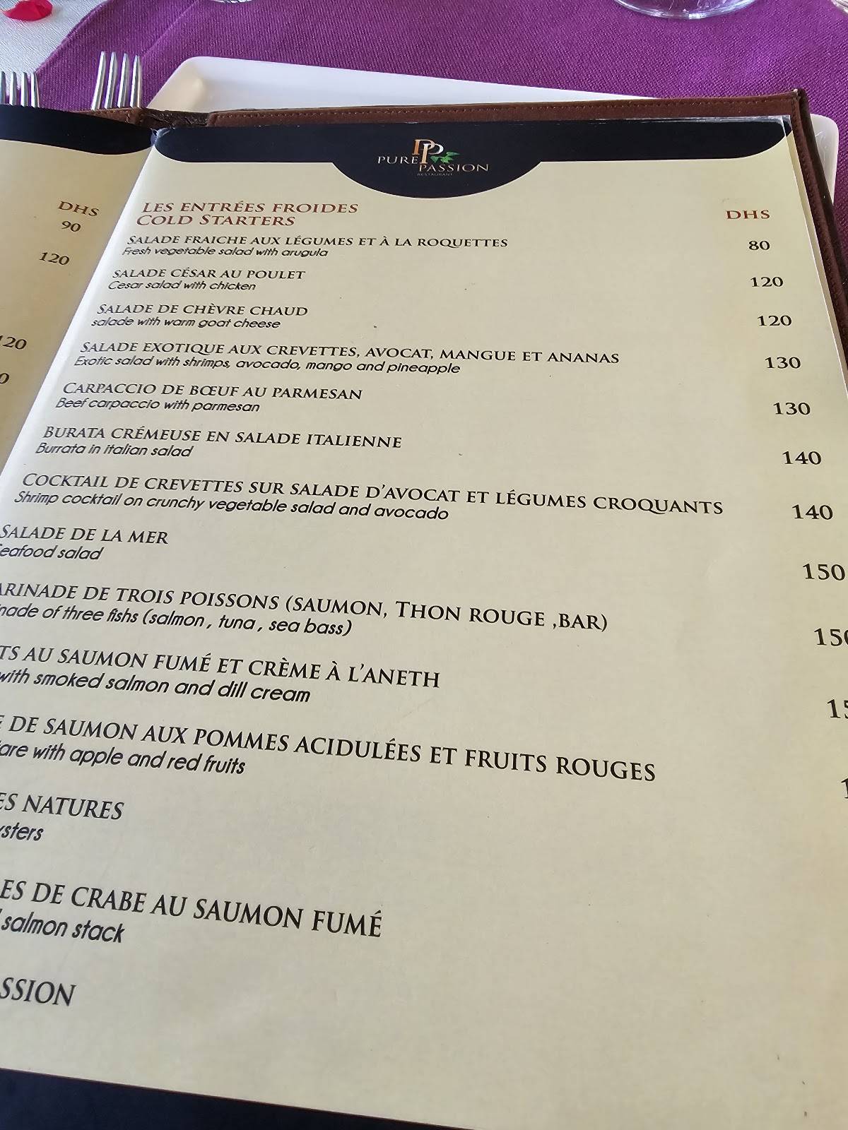 Menu at Pure Passion restaurant, Agadir, Résidence N°02 m1 Complexe Marina