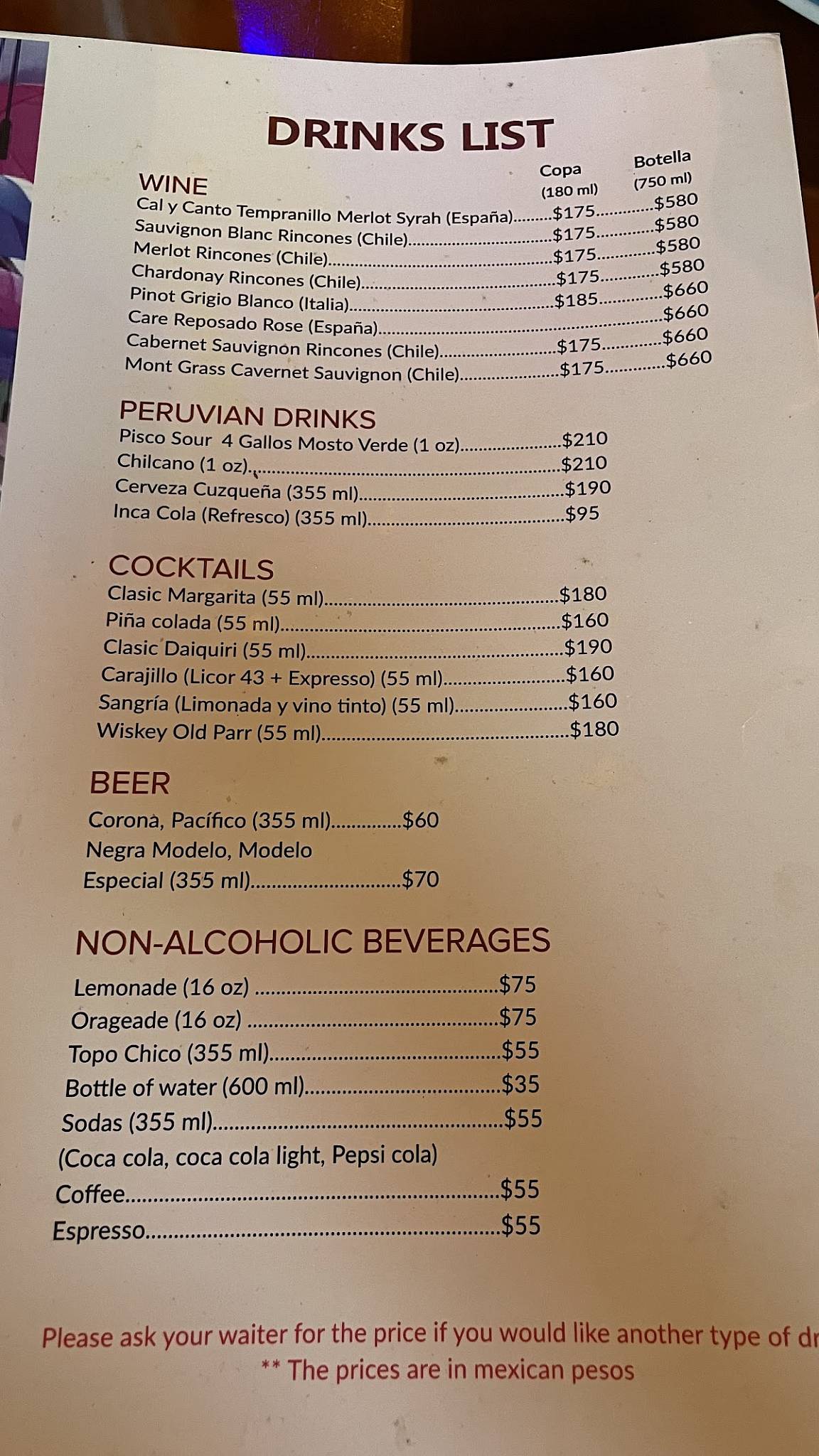 Menu at Puro Perú restaurant, Puerto Vallarta, C. Guadalupe Sánchez 618
