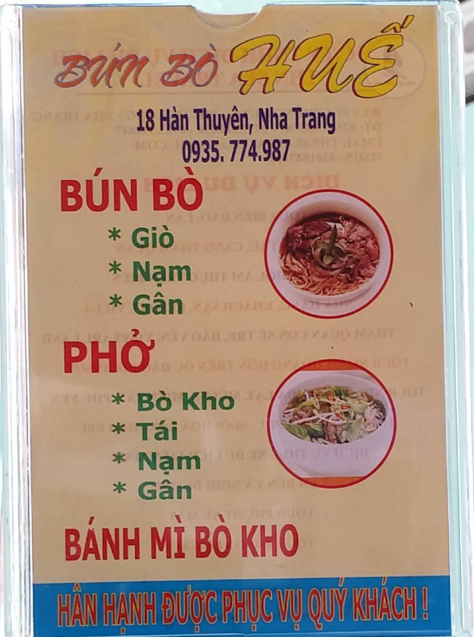 Menu at Quán Bún Bò Huế restaurant, Ninh Hòa, 18 Hàn Thuyên
