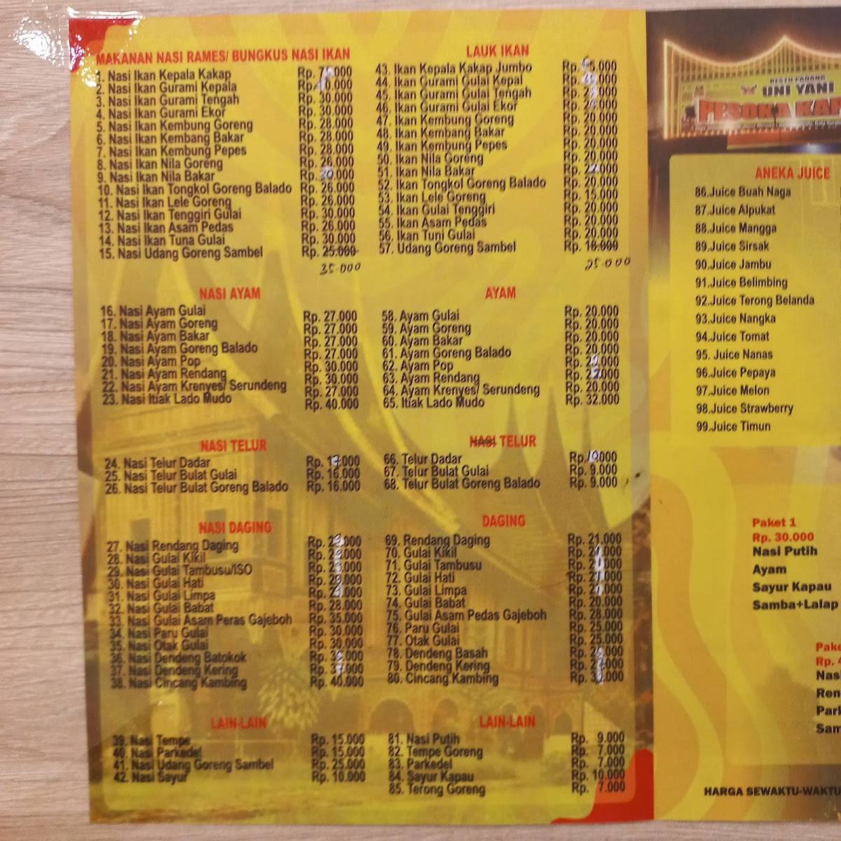 Carta del restaurante RESTO PADANG UNI YANI Pesona Kapau, Surabaya