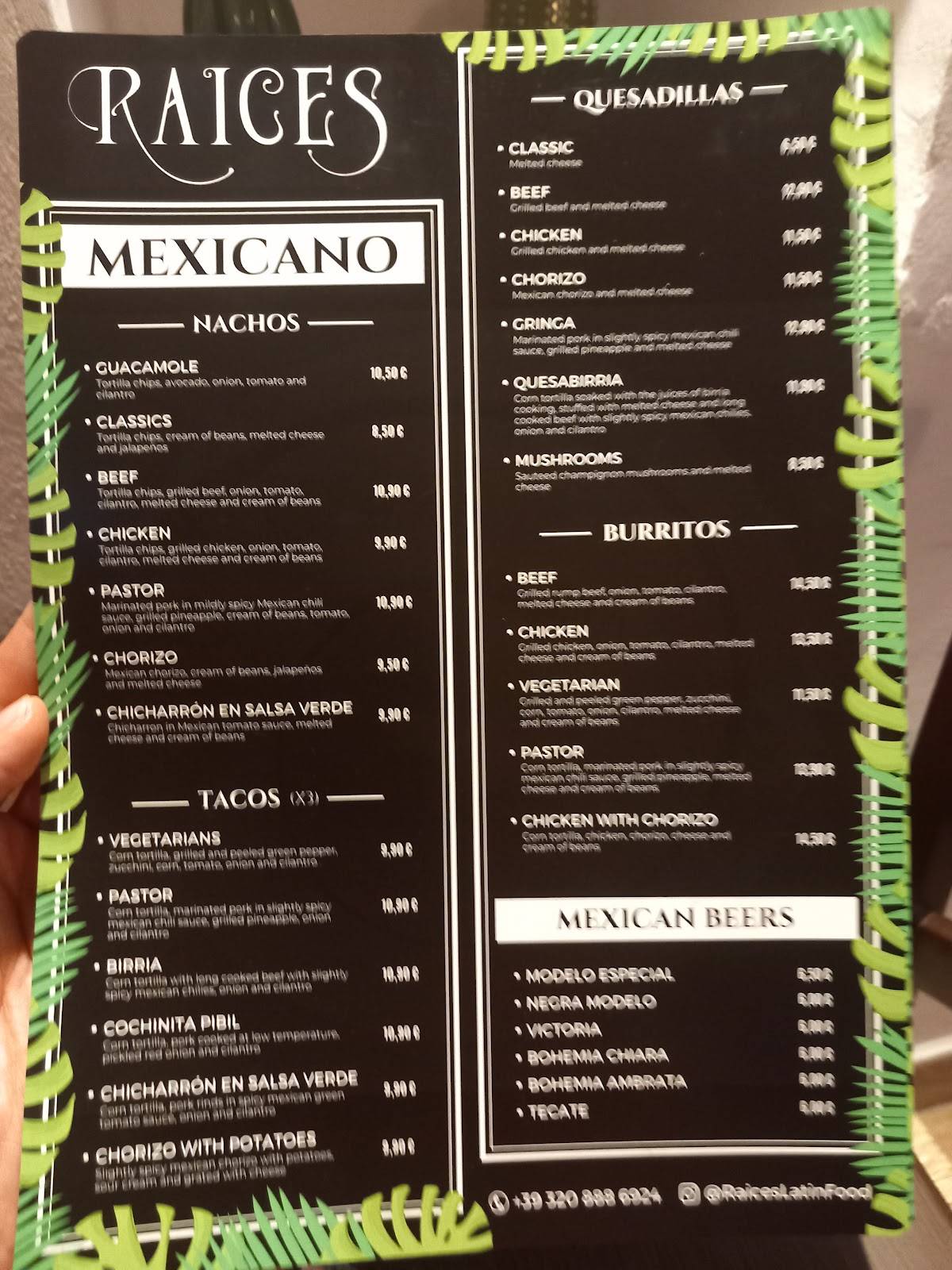 Menu da Raices Latin Food ristorante, Firenze