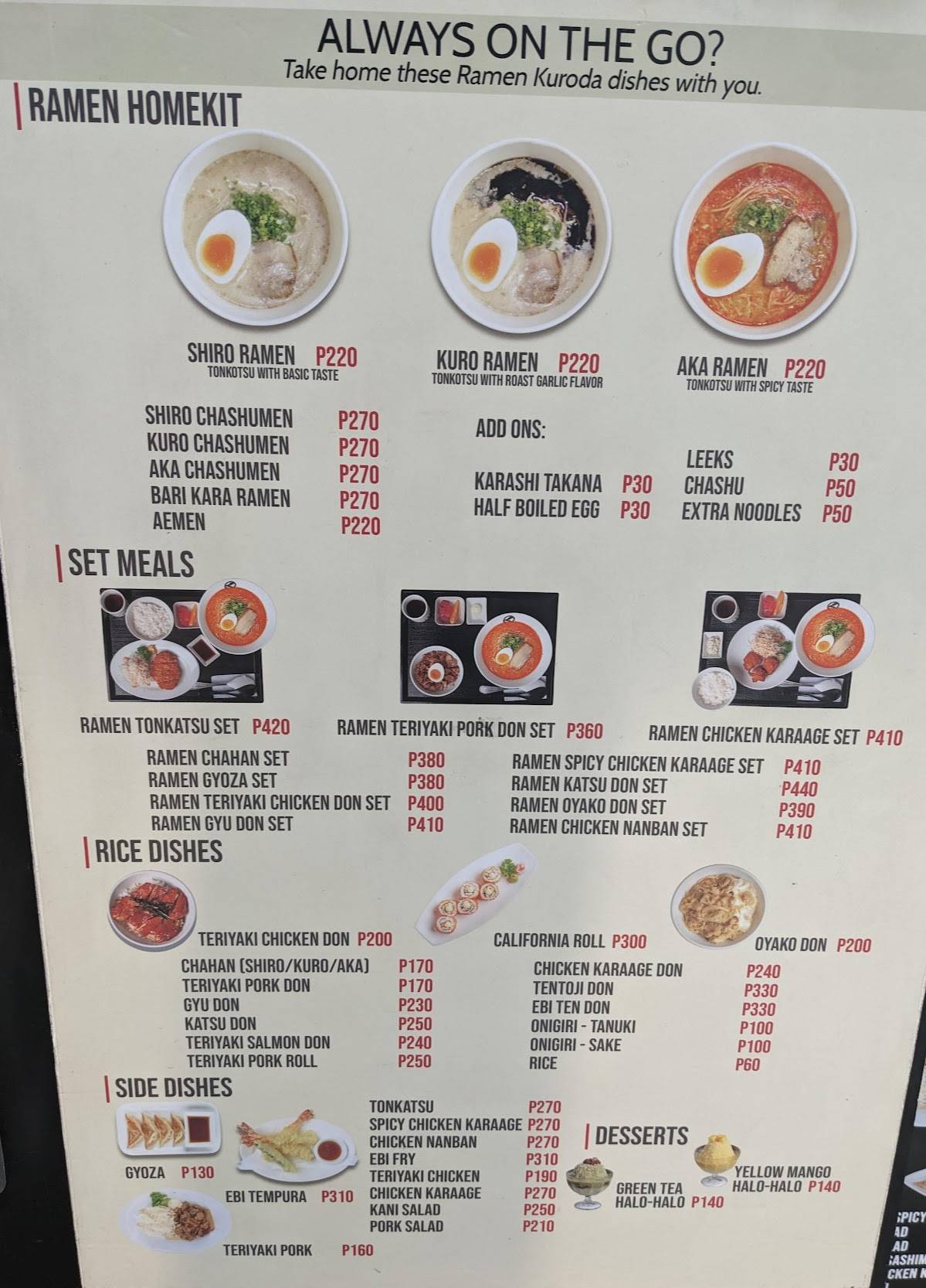 Menu at Ramen Kuroda - Festival Mall restaurant, Muntinlupa