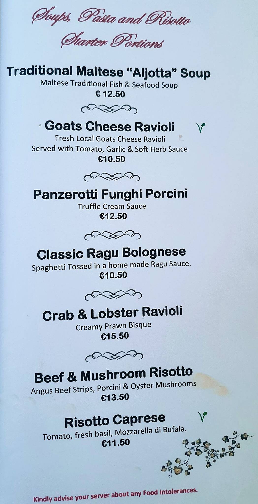 Menu at Rampila Restaurant, Valletta