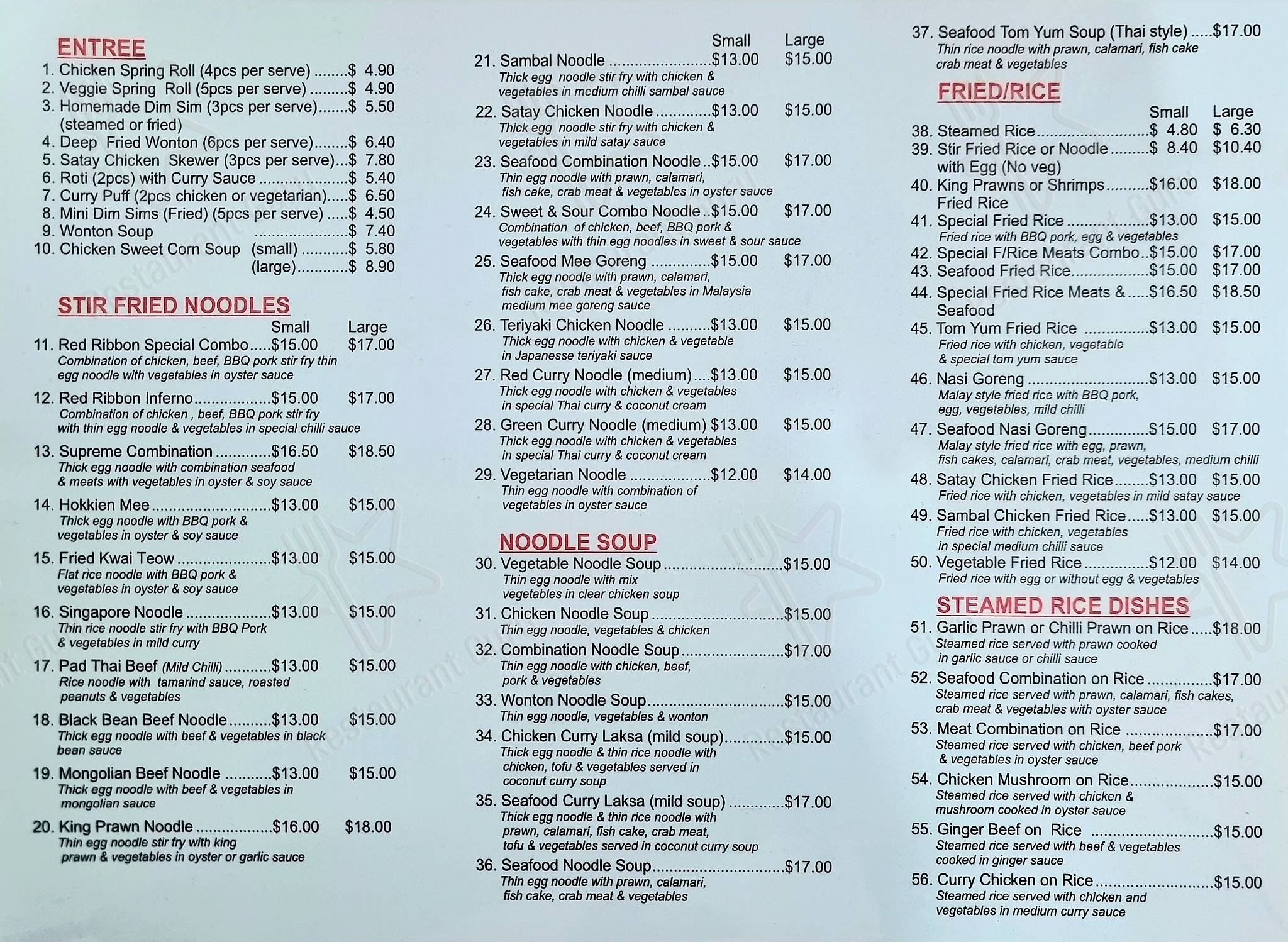 Menu at Red Ribbon Noodle & Rice restaurant, Epping
