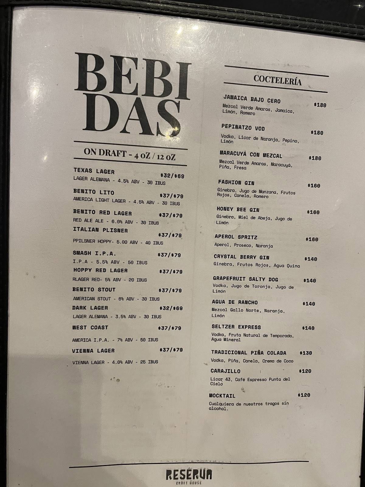 Carta del restaurante Reserva, Monterrey, Padre Mier 885 Oriente