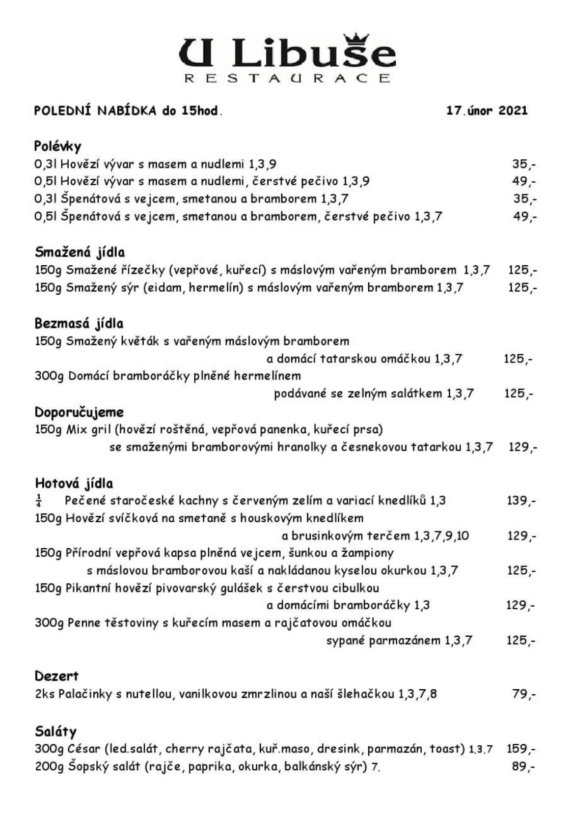 Menu at Restaurace U Libuše restaurant, Prague