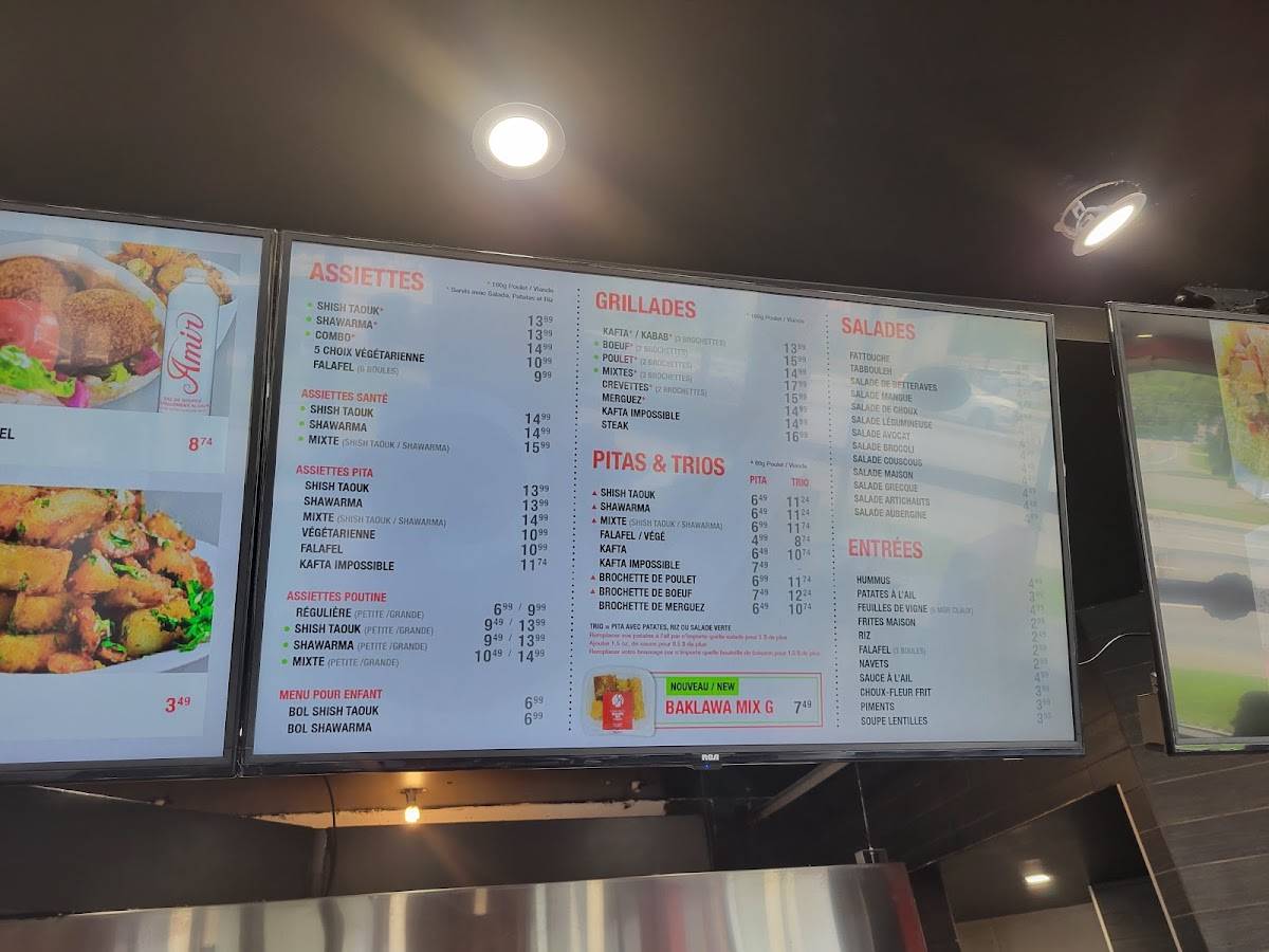 Menu au Amir restaurant, Sherbrooke