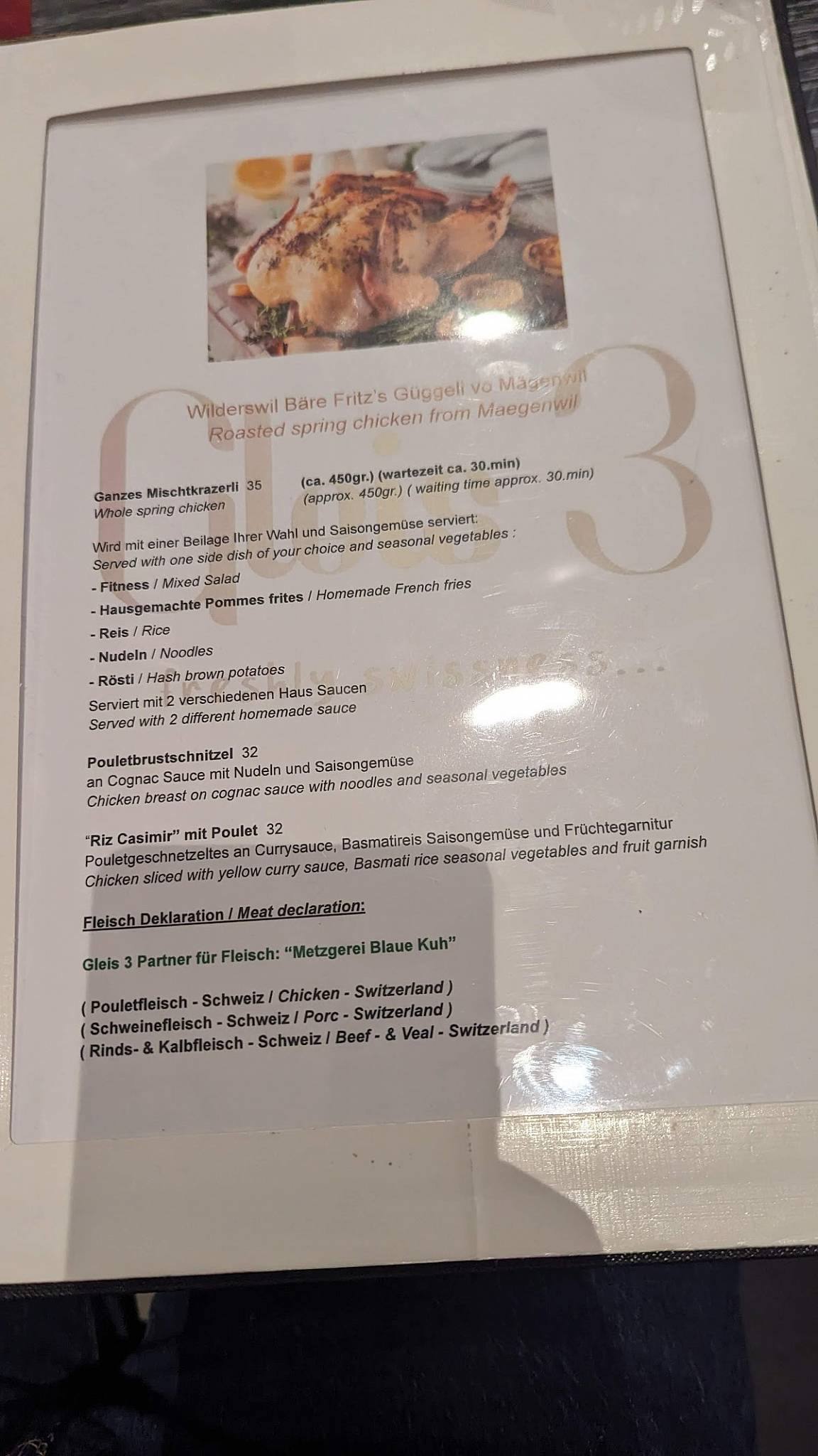 Speisekarte von Restaurant Café Gleis 3 - Swiss Cuisine, Interlaken