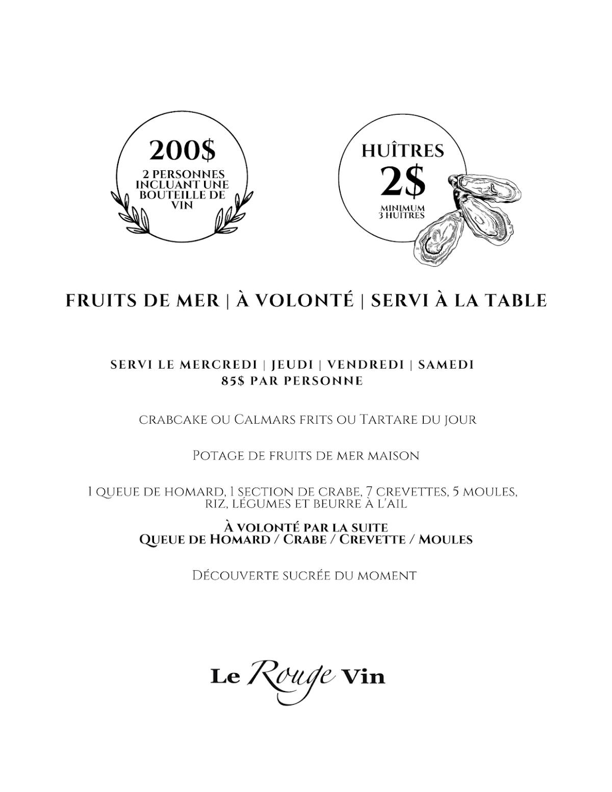Menu au Restaurant Le Rouge Vin, Trois-Rivières