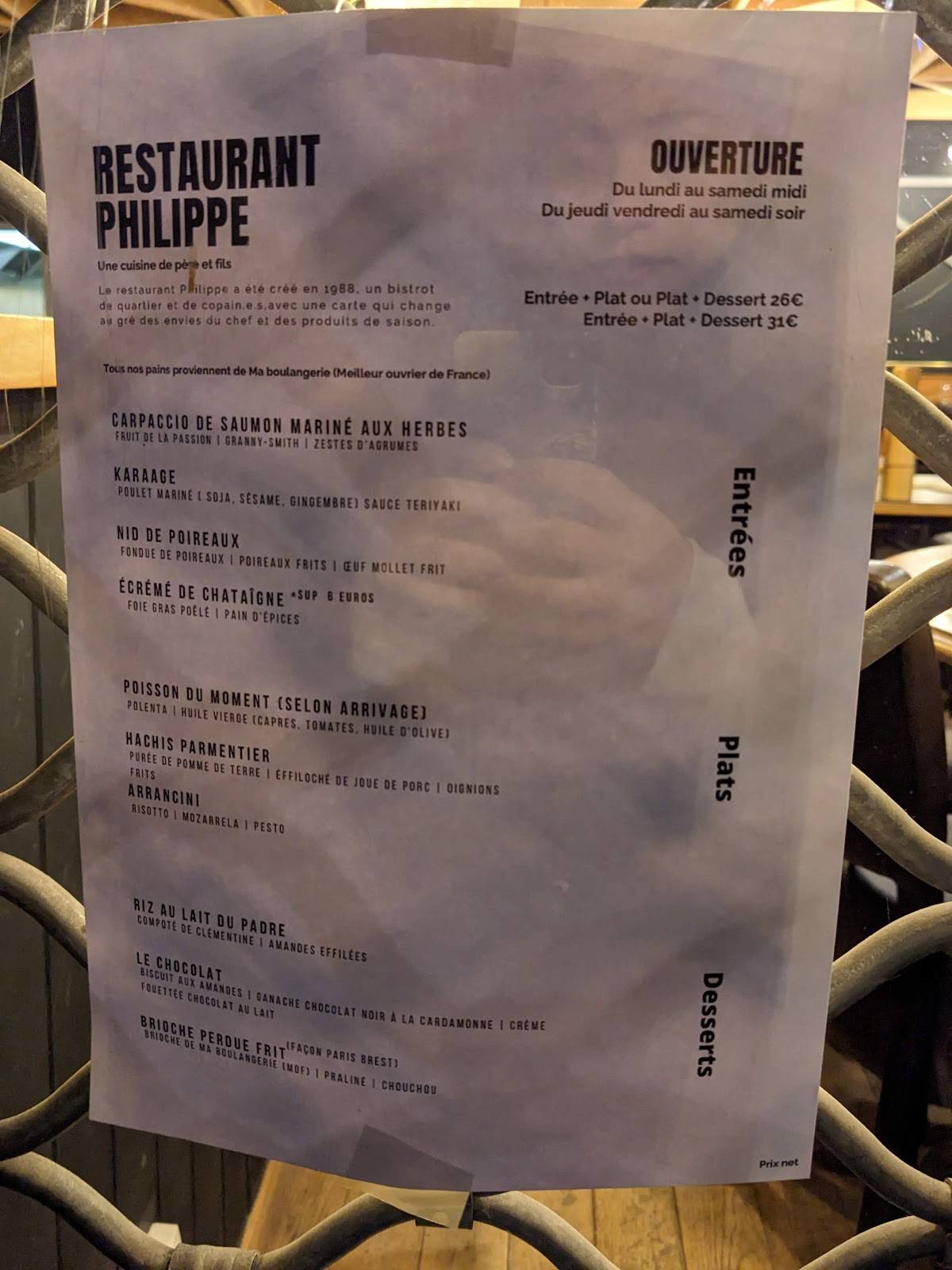 Menu au Restaurant Philippe, Rouen