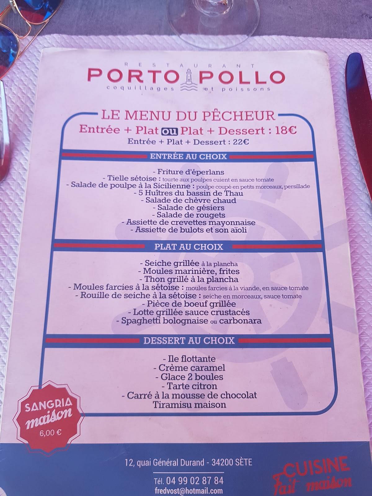 Menu at Porto Pollo restaurant, Sète