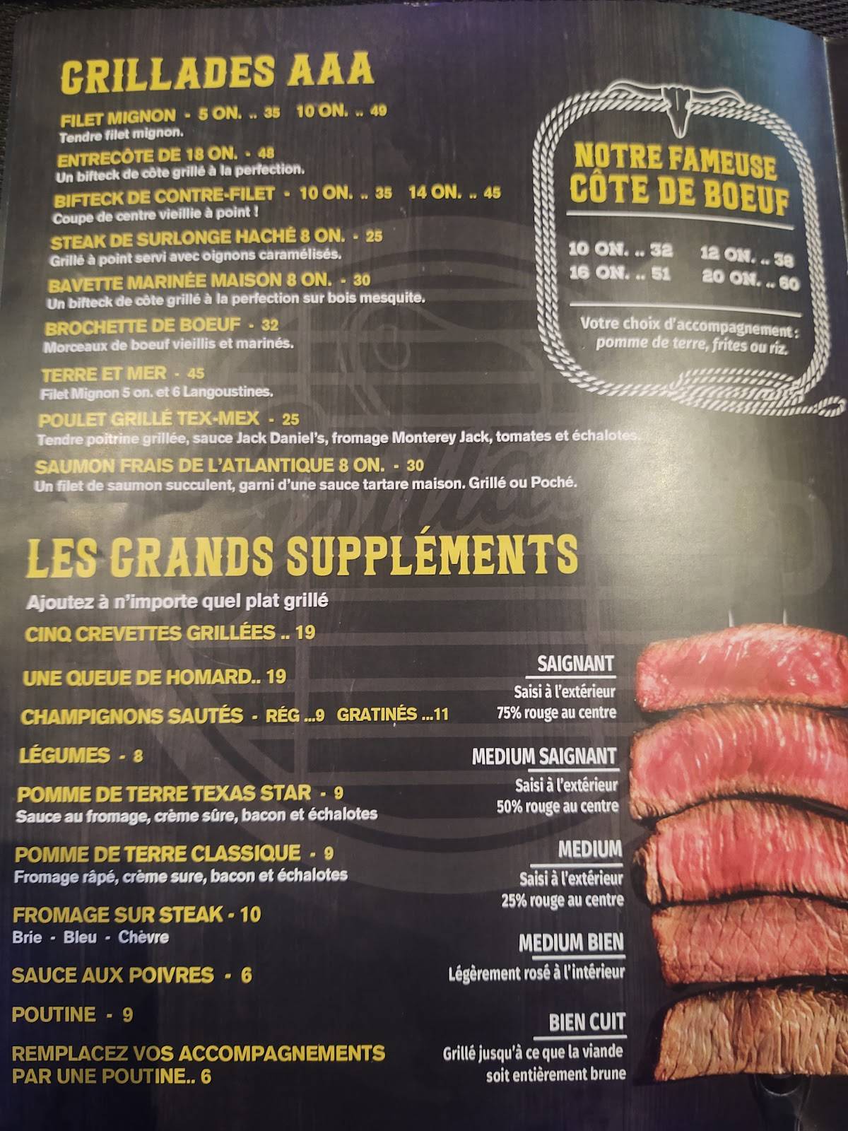 Menu au Restaurant Texas Star, Saint-Eustache, 477 25e Av
