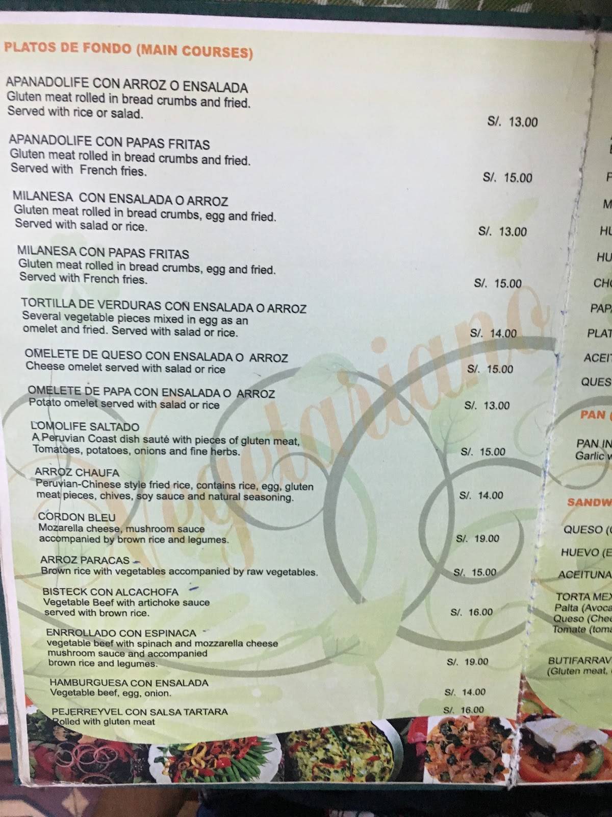 Menu at Restaurant Vegetariano SAYEL, Miraflores