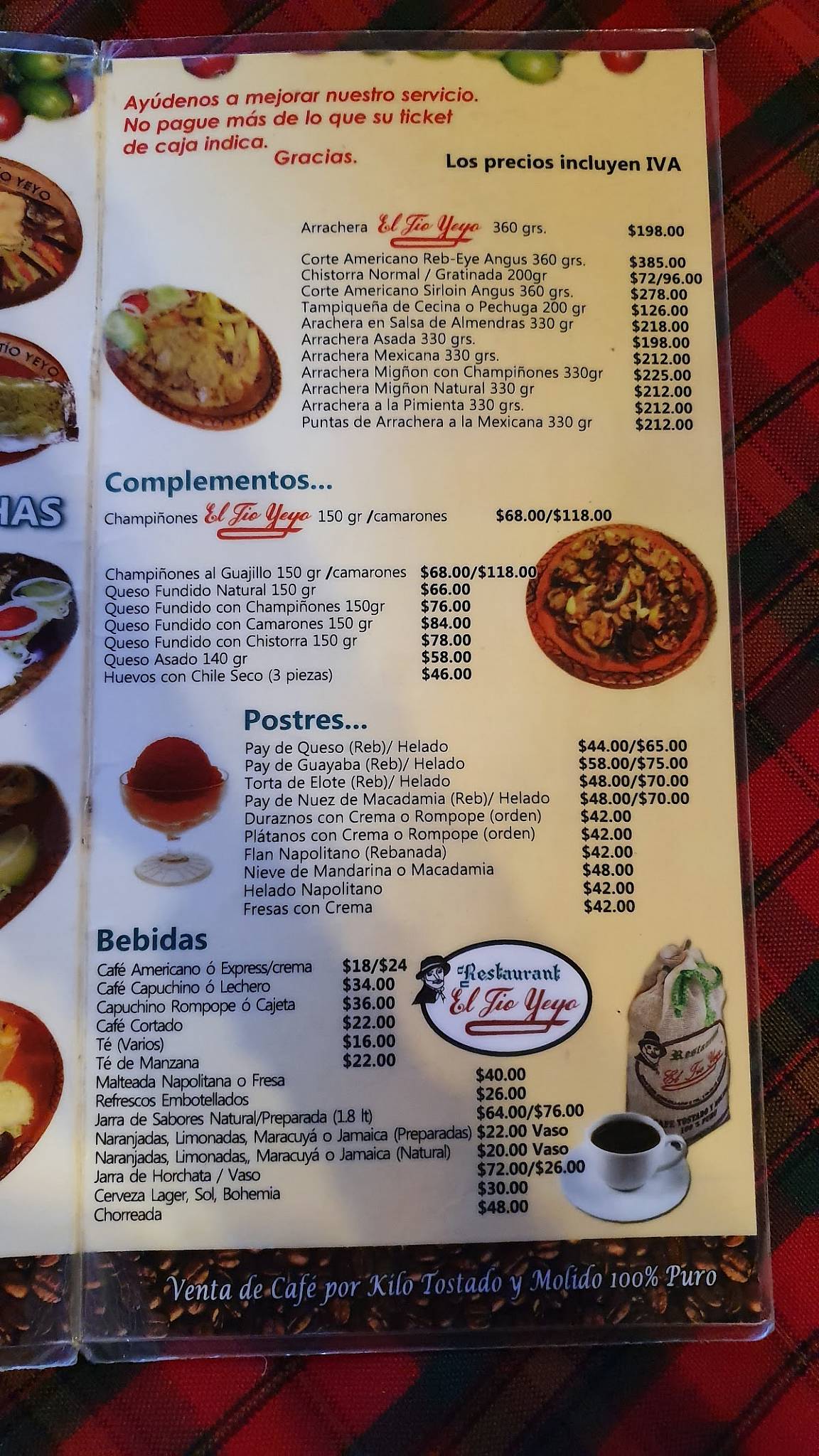 Carta de Restaurant El Tio Yeyo, Coatepec