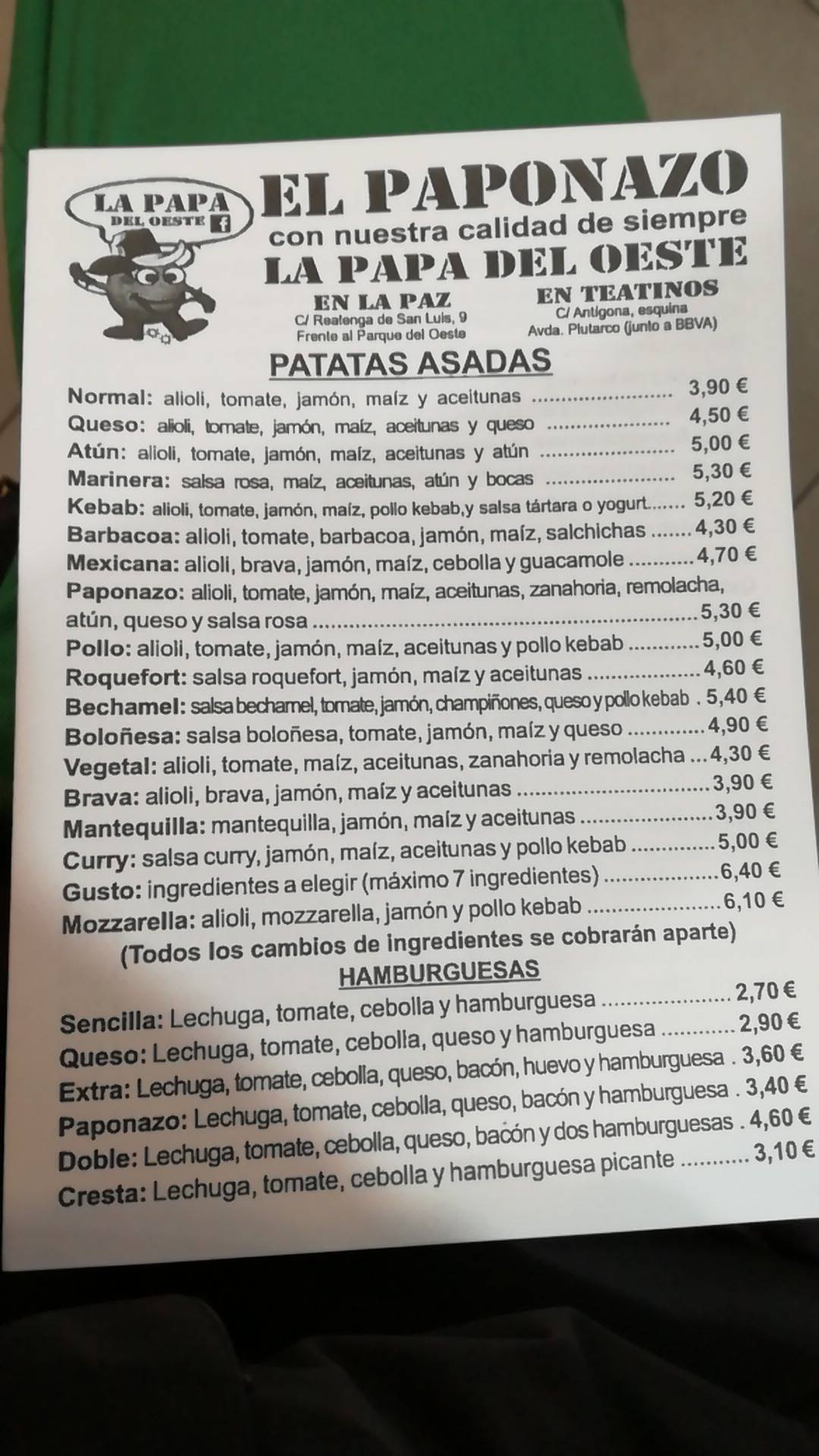 Carta de Restaurante El Paponazo del Parque del Oeste, Málaga, C ...