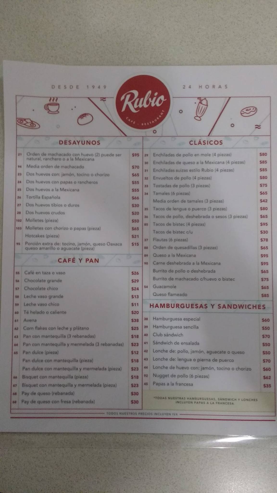 Carta de Restaurante Rubio, Monterrey