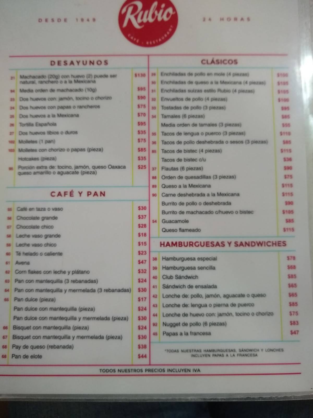 Carta de Restaurante Rubio, Monterrey