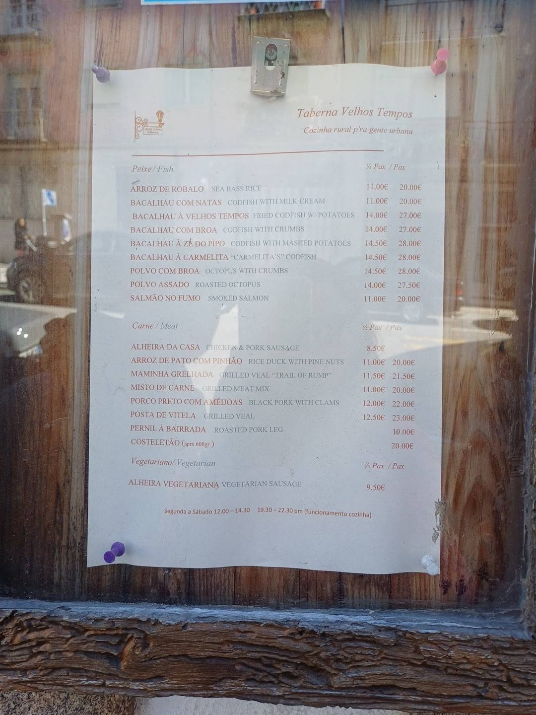 Menu em Velhos Tempos restaurante, Braga