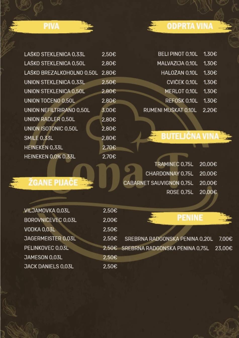 Menu at Restavracija CONA restaurant, Trzin