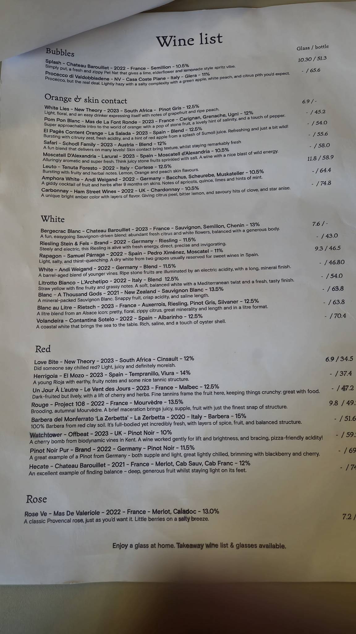 Menu at Ria's restaurant, London