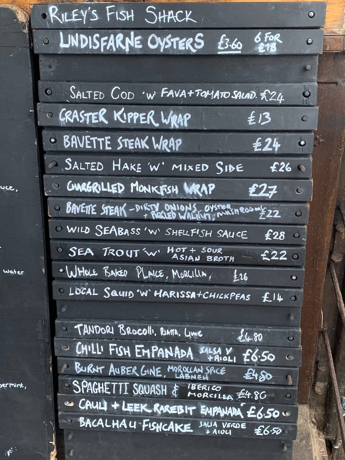 Menu at Riley's Fish Shack restaurant, Tynemouth